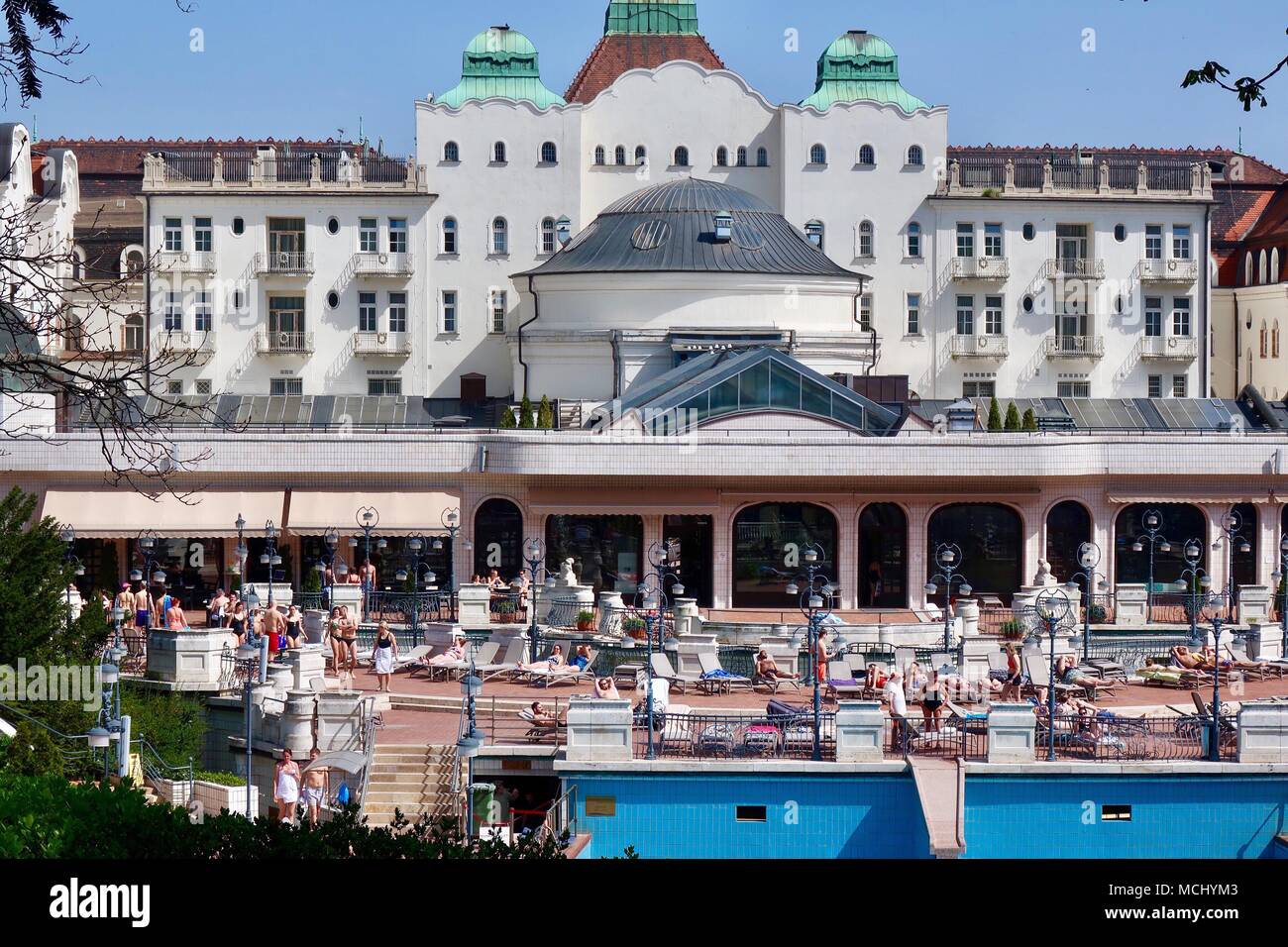 Gellert spa hotel outdoor pool on a hot bright sunny spring day in ...