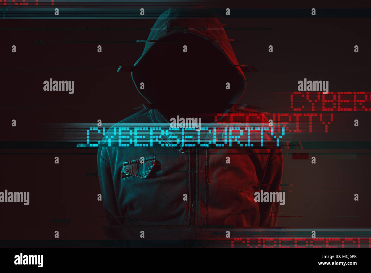 Cybersecurity concept with faceless hooded male person, low key red and ...