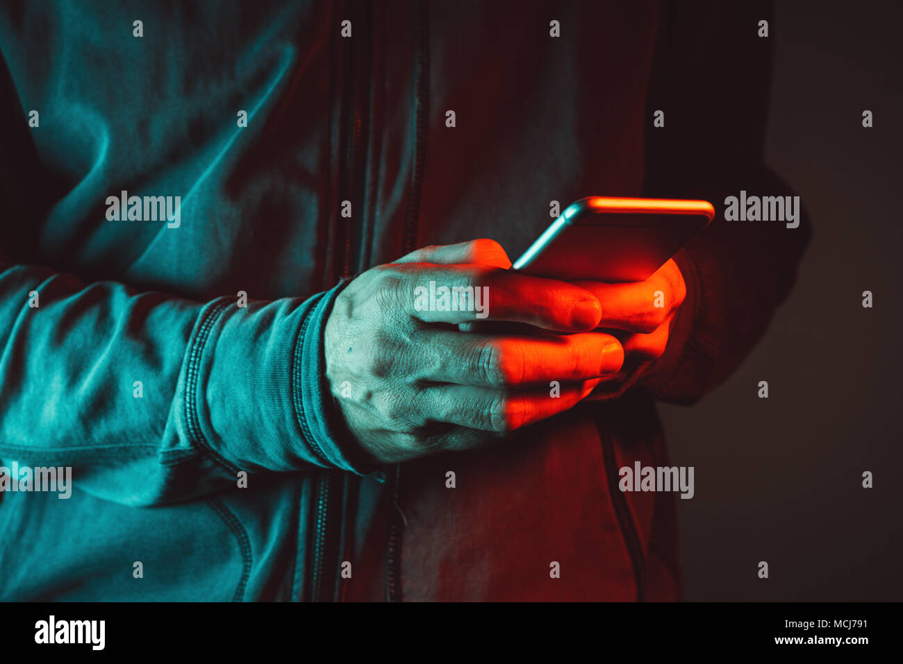 Modern communication concept, close up of male hands typing text ...