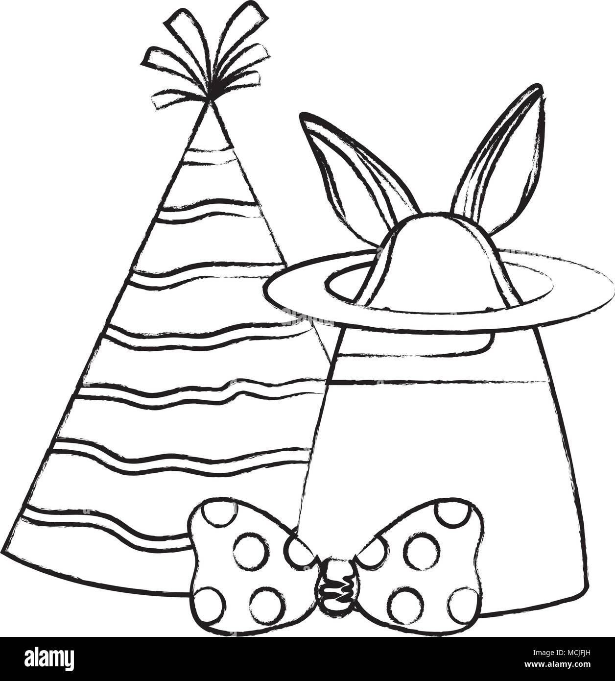 sketch of party hat and magic hat over white background, vector ...