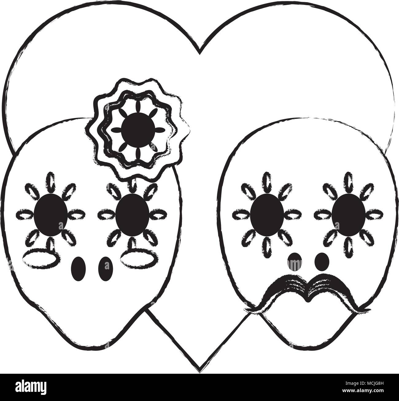 sketch of heart of sugar skulls couple icon over white background ...