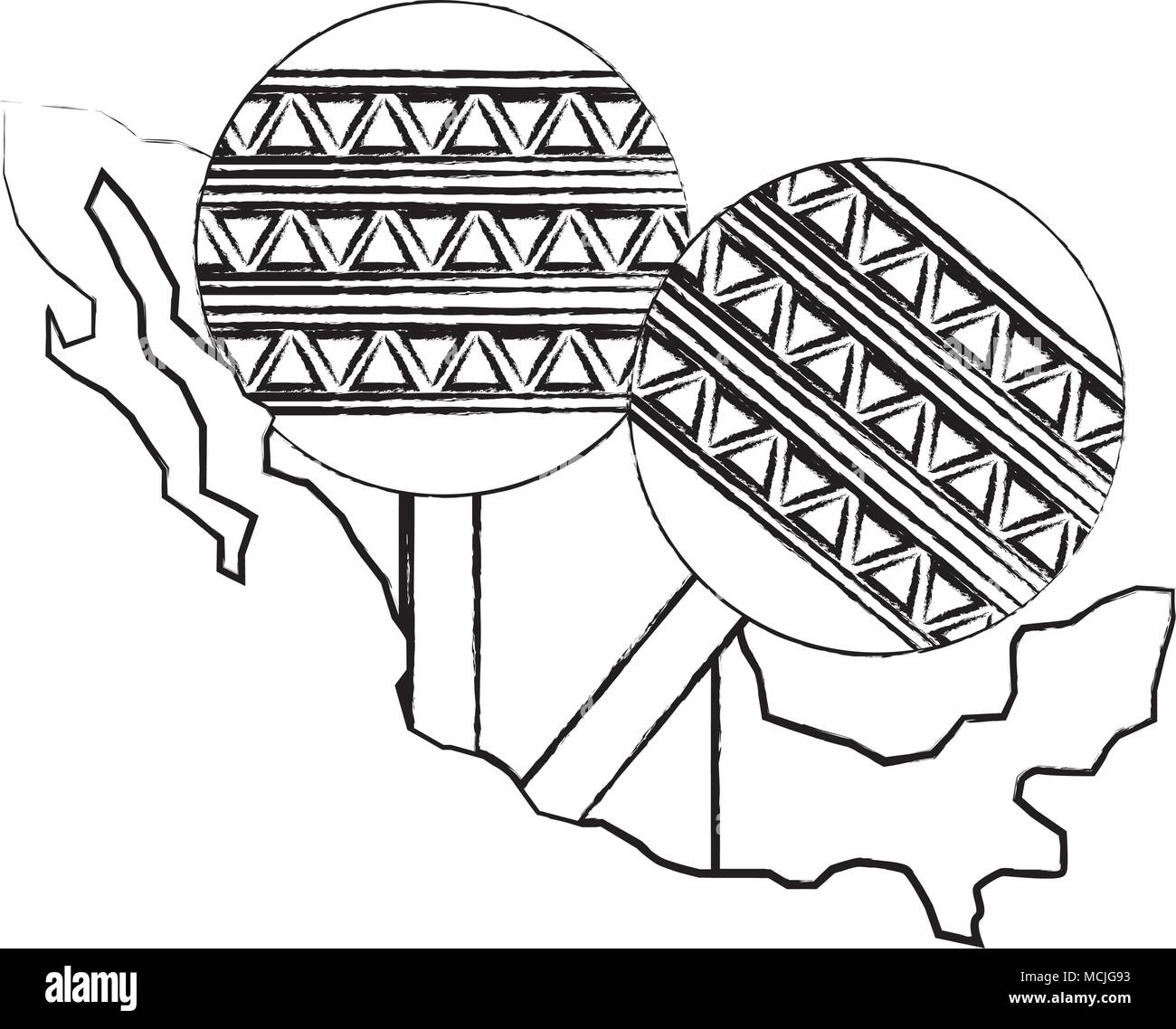 sketch of map of mexico with mexican maracas icon over white background ...