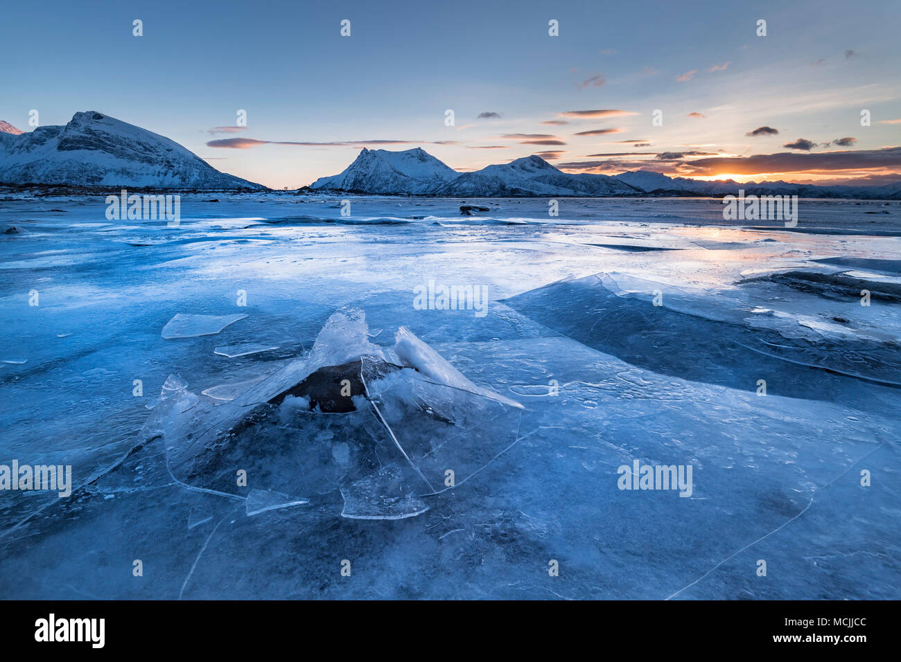 Frozen fjord with broken ice, ice landscape, Gimsoy, Lofoten, Norway ...