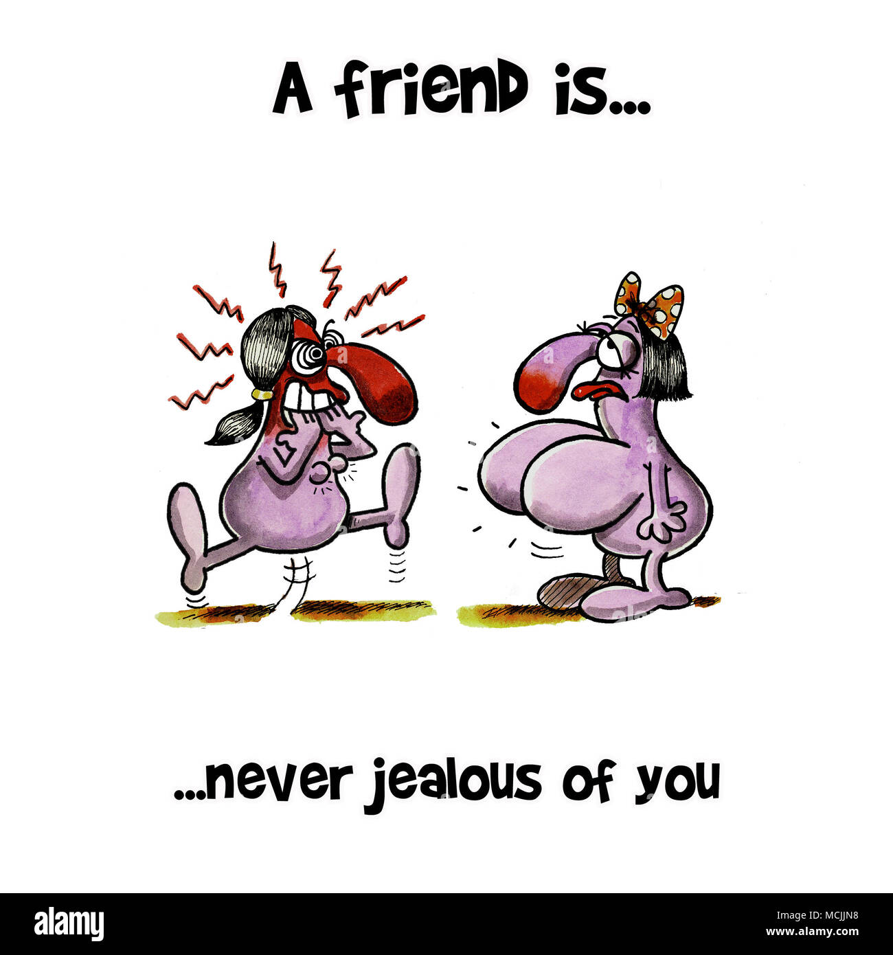 Woman is jealous of the big breasts of her friend Stock Photo - Alamy