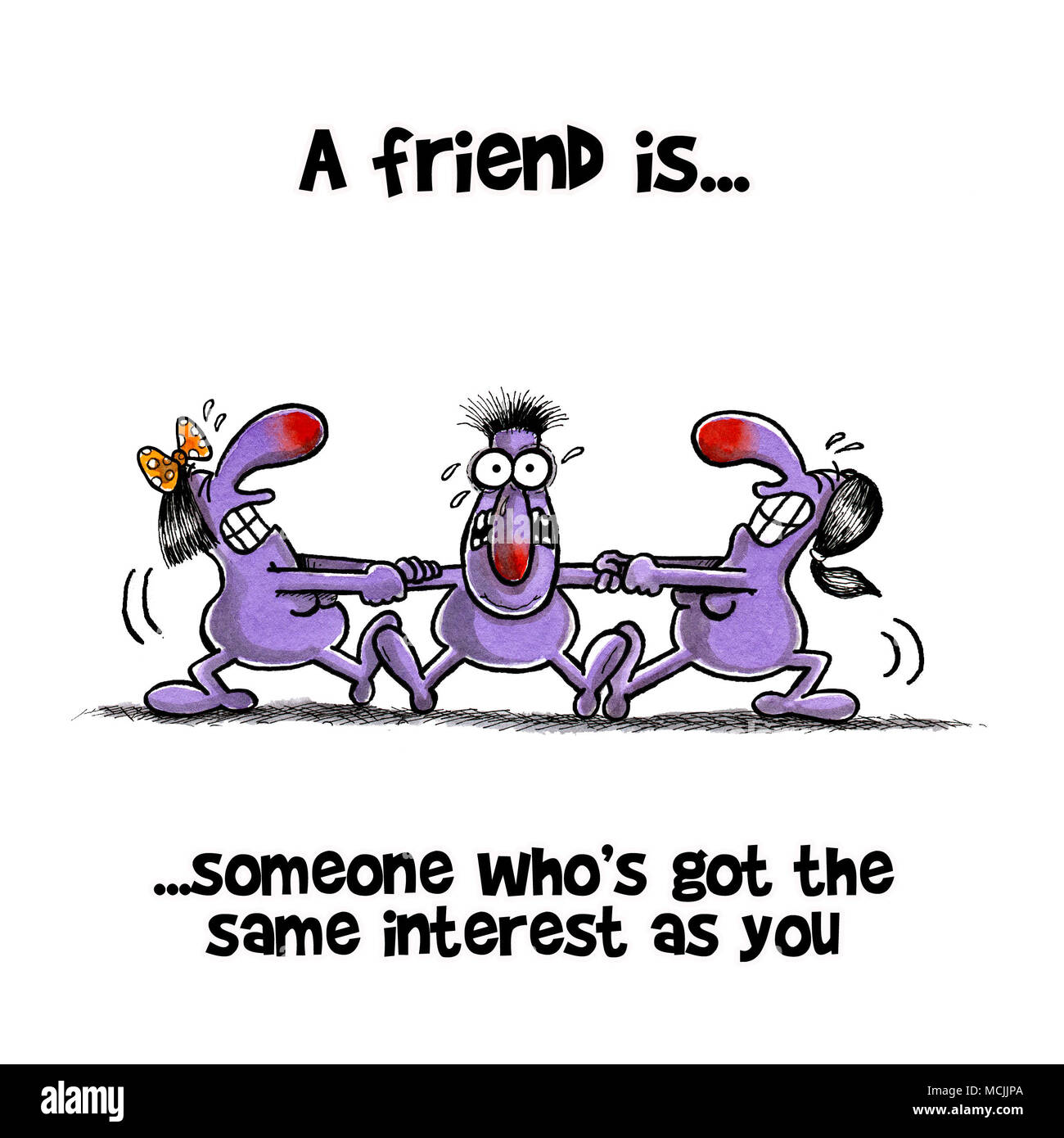 Two women pulling a man from his arms on both sides Stock Photo - Alamy