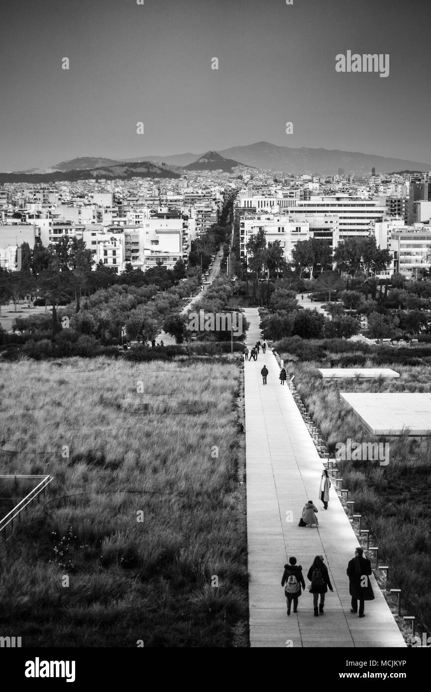 High angle view of tourists on pedestrian walkway at Stavros Niarchos ...