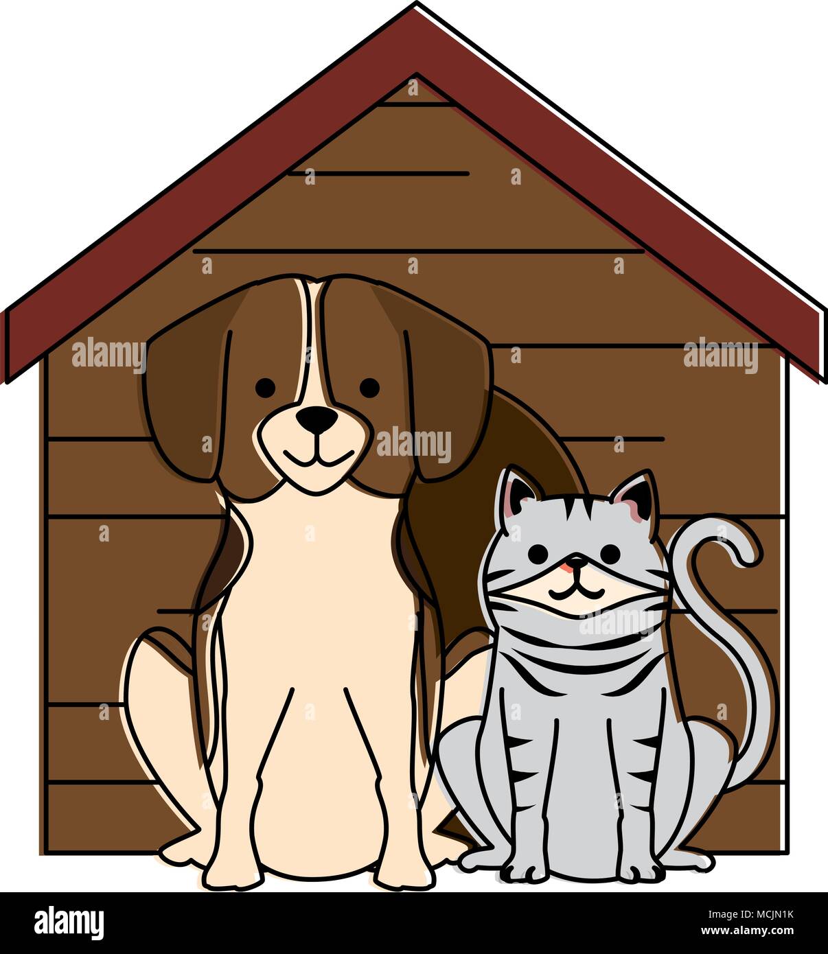 cute dog and cat with wooden house characters vector illustration ...