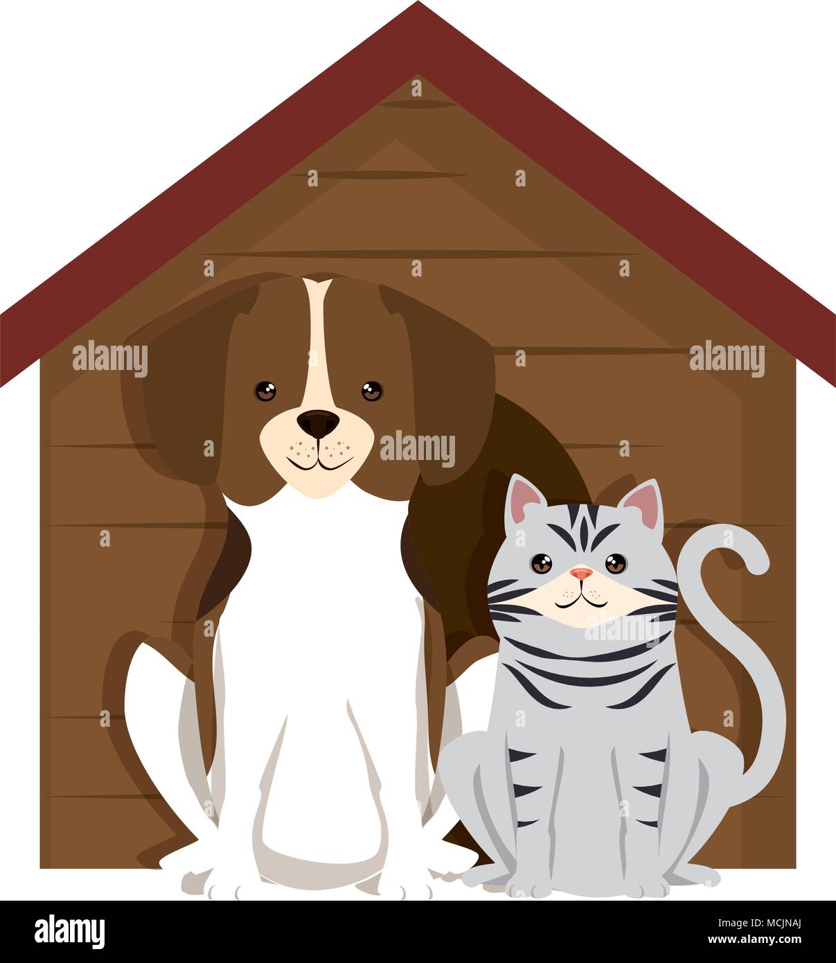cute dog and cat with wooden house characters vector illustration ...