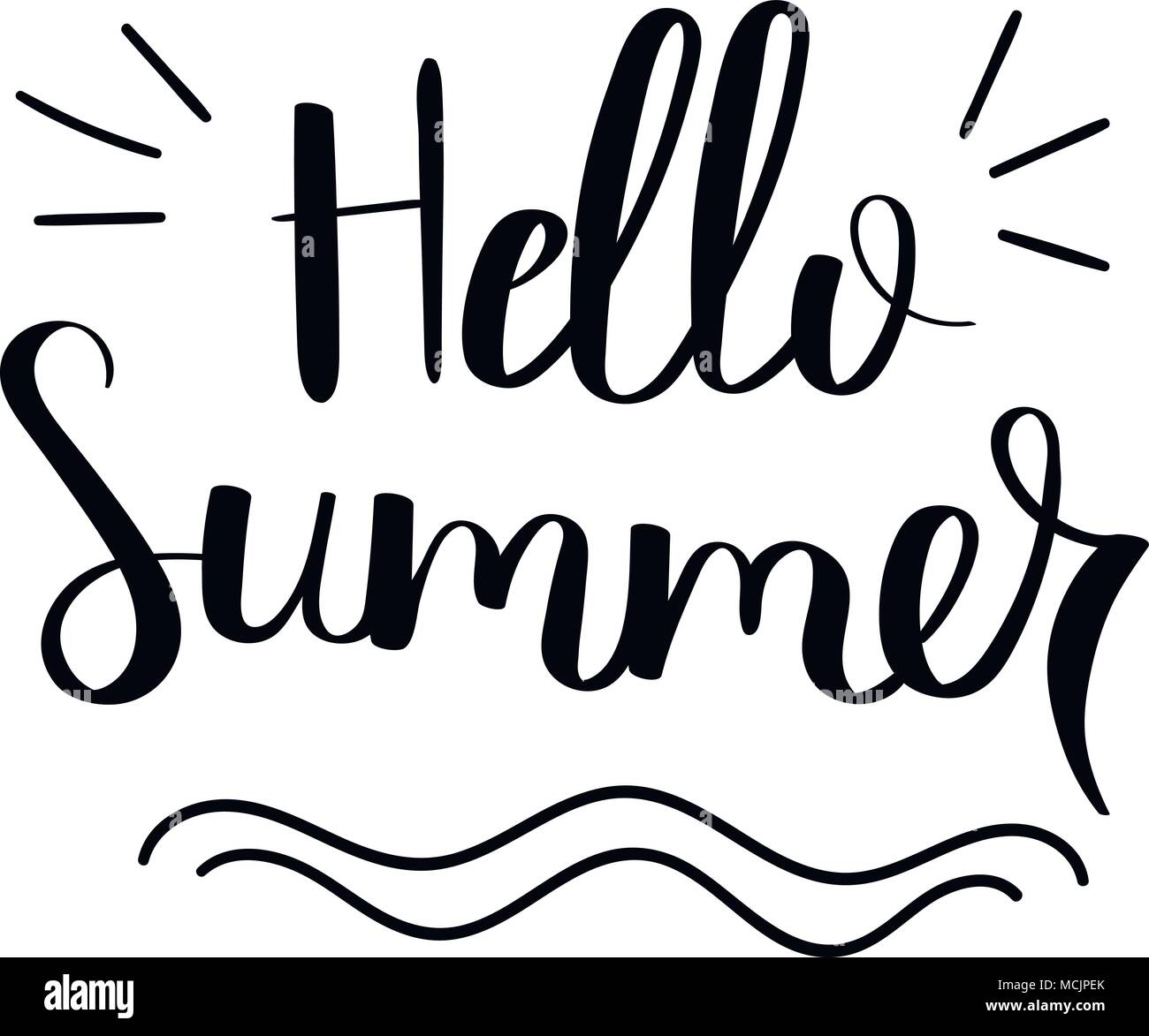Hello Summer. Handwritten calligraphy quote card or poster. Hand drawn ...