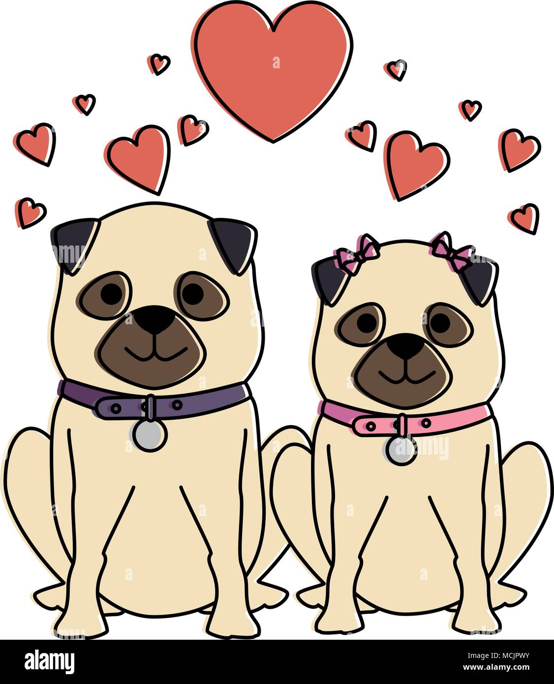 cute dogs couple lovers with hearts characters Stock Vector Image & Art ...