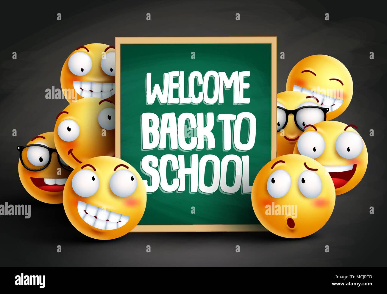 Smileys yellow emoticons in welcome back to school vector design with ...