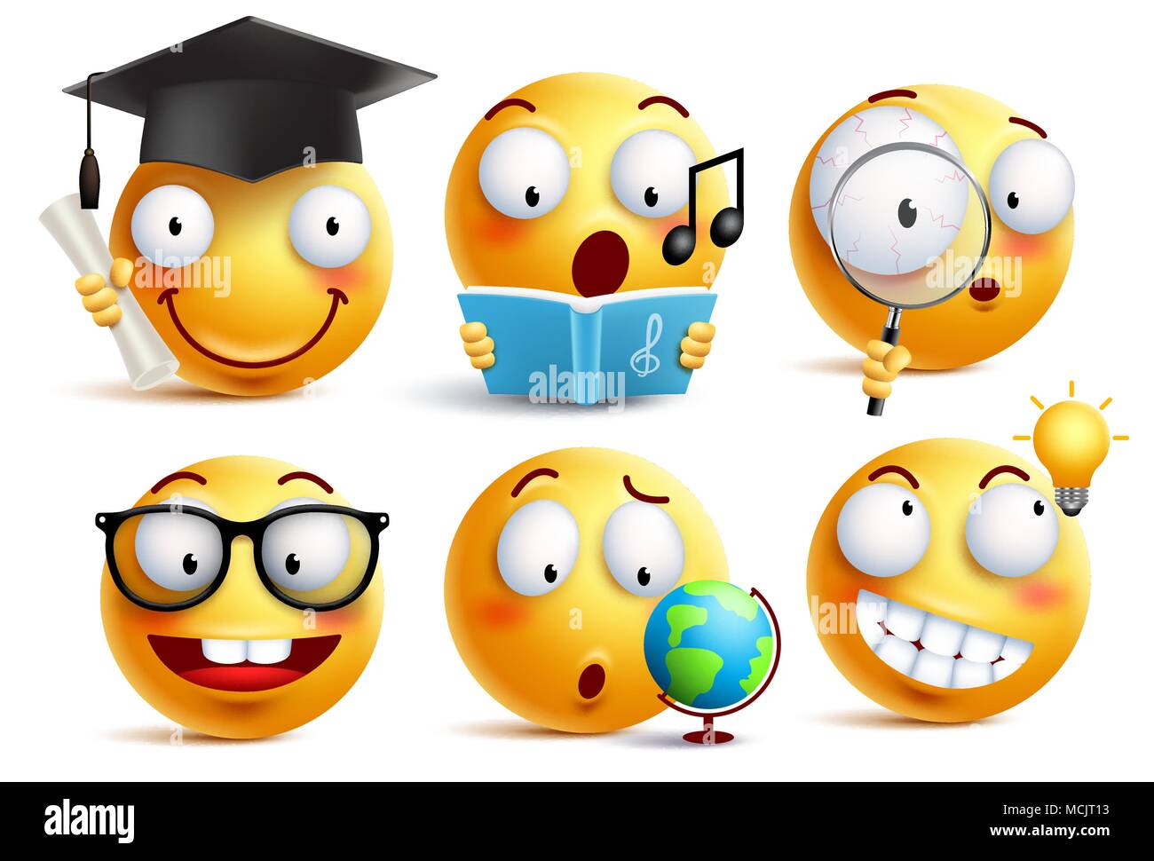 Smiley face student vector emoticons set with facial expressions and ...