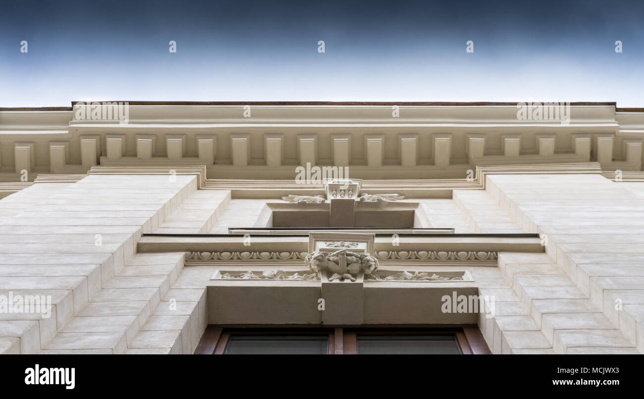 Geometric look from bottom of the building. Bottom view of building to ...