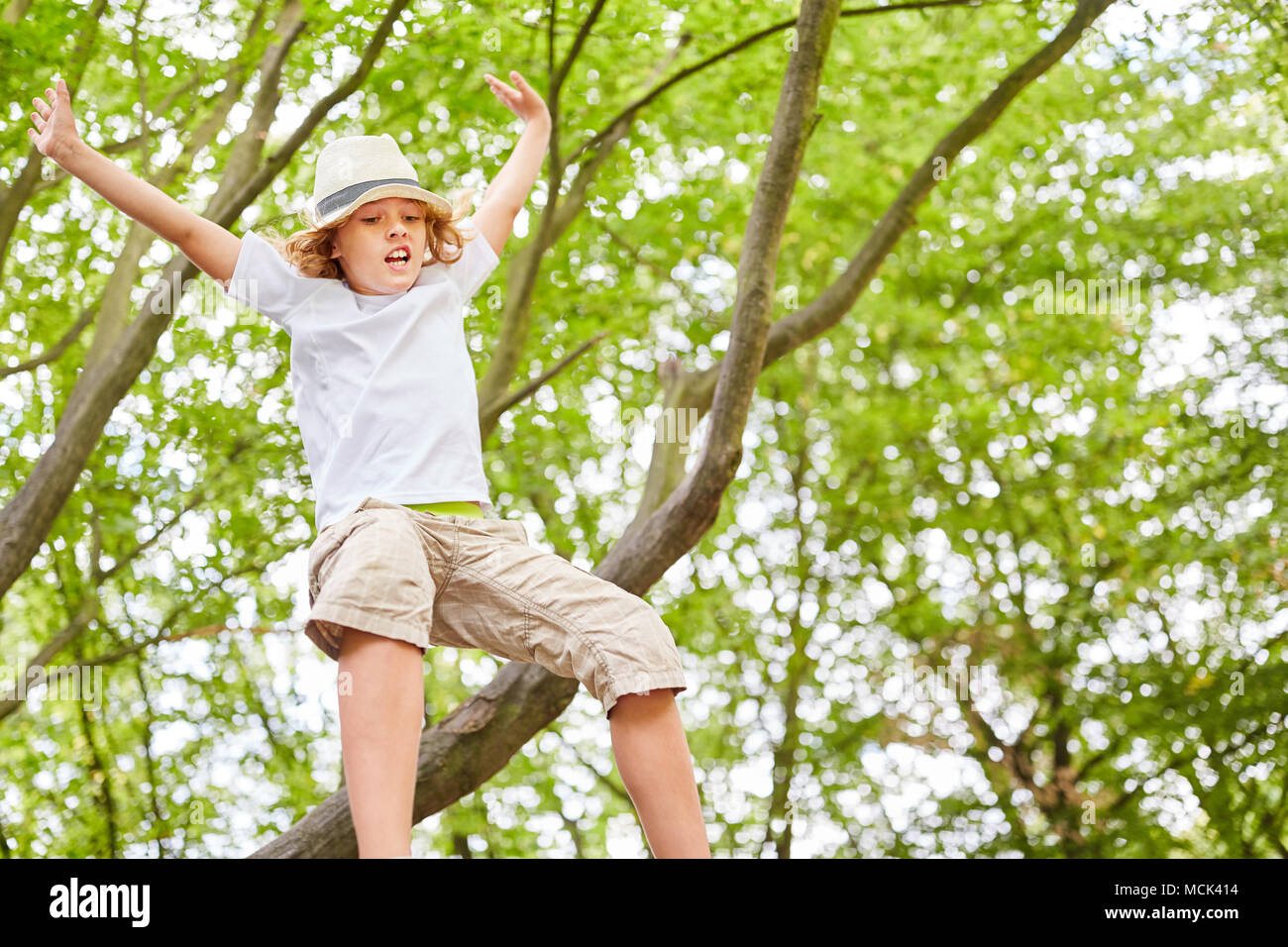 Boy bravely jumps from a tree after a strenuous climb Stock Photo - Alamy