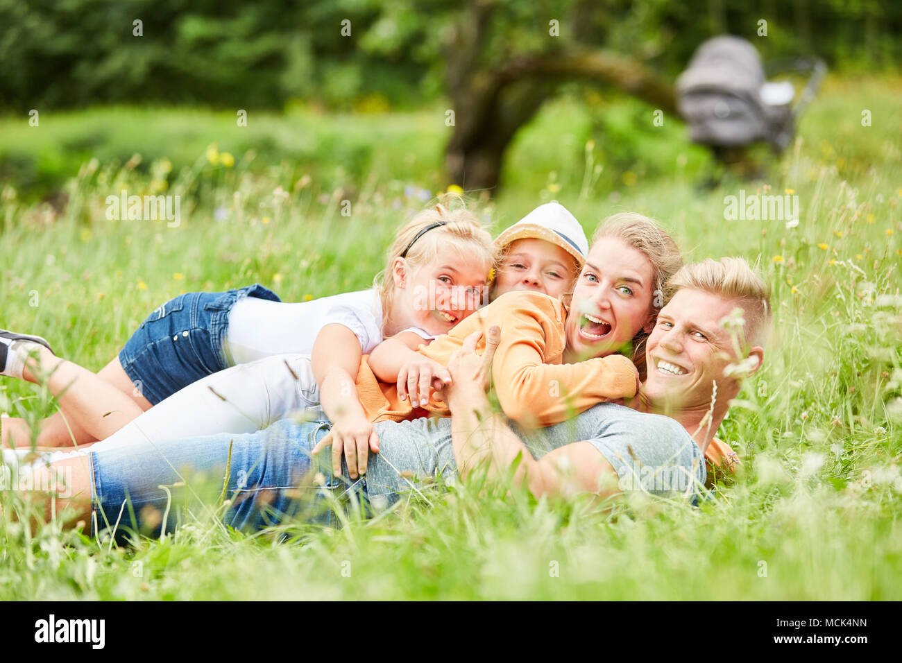 Parents and children have fun and laugh together in the grass in the ...