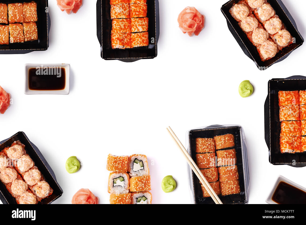 background of delivere maki sushi with copy space isolated on white ...