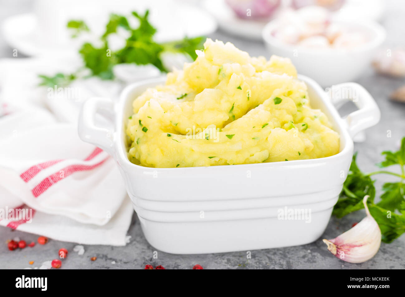Mashed potato. Potato mash with garlic and parsley. Boiled potato ...