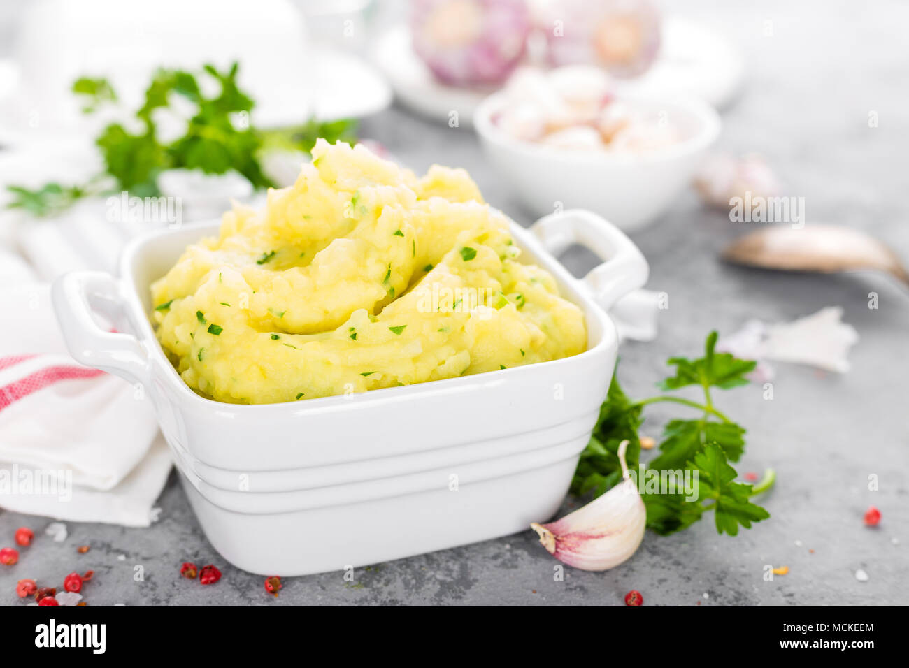Mashed potato. Potato mash with garlic and parsley. Boiled potato ...