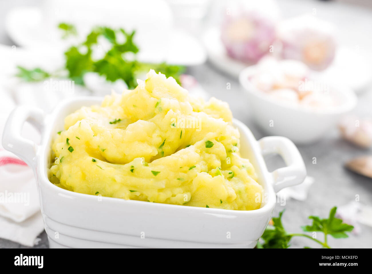 Mashed potato. Potato mash with garlic and parsley. Boiled potato ...