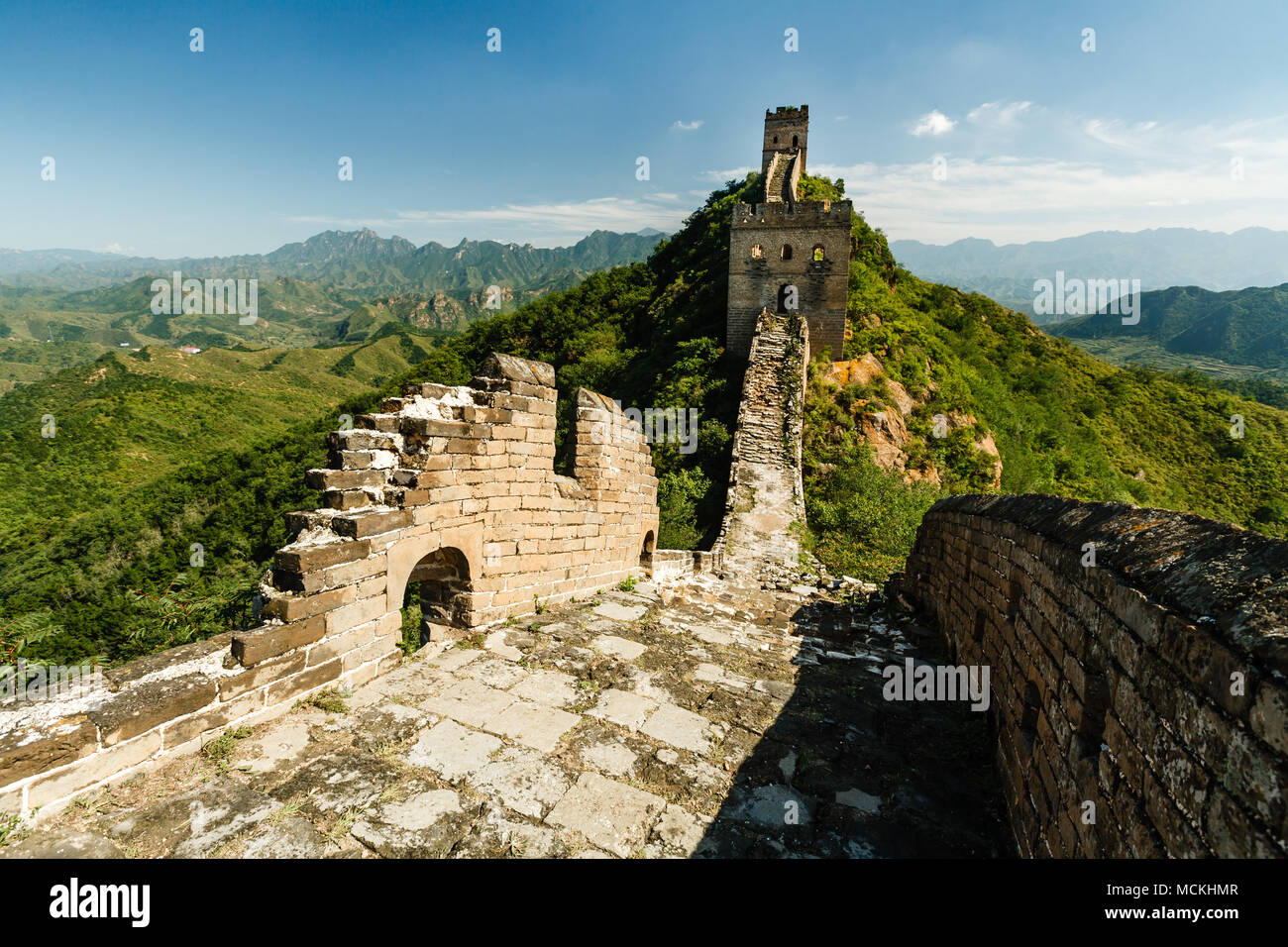 Great Wall of China remote outpost and ruins in green countryside Stock ...