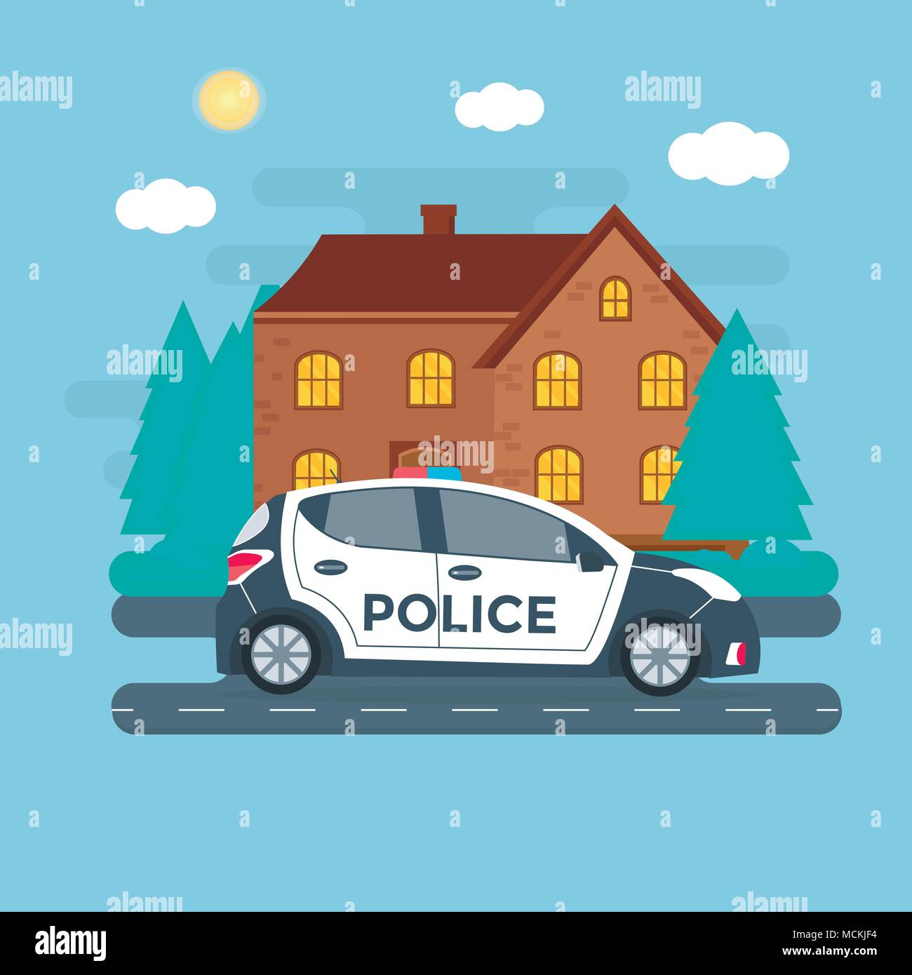 Police patrol on a road with police car, house, nature landscape ...