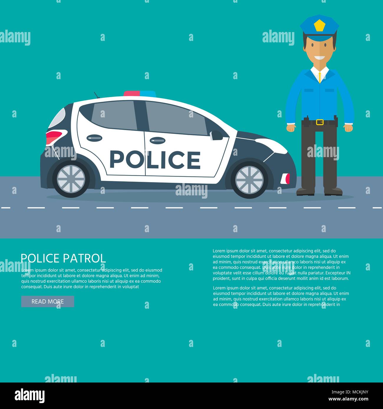 Police patrol on a road with police car, officer, house, nature ...