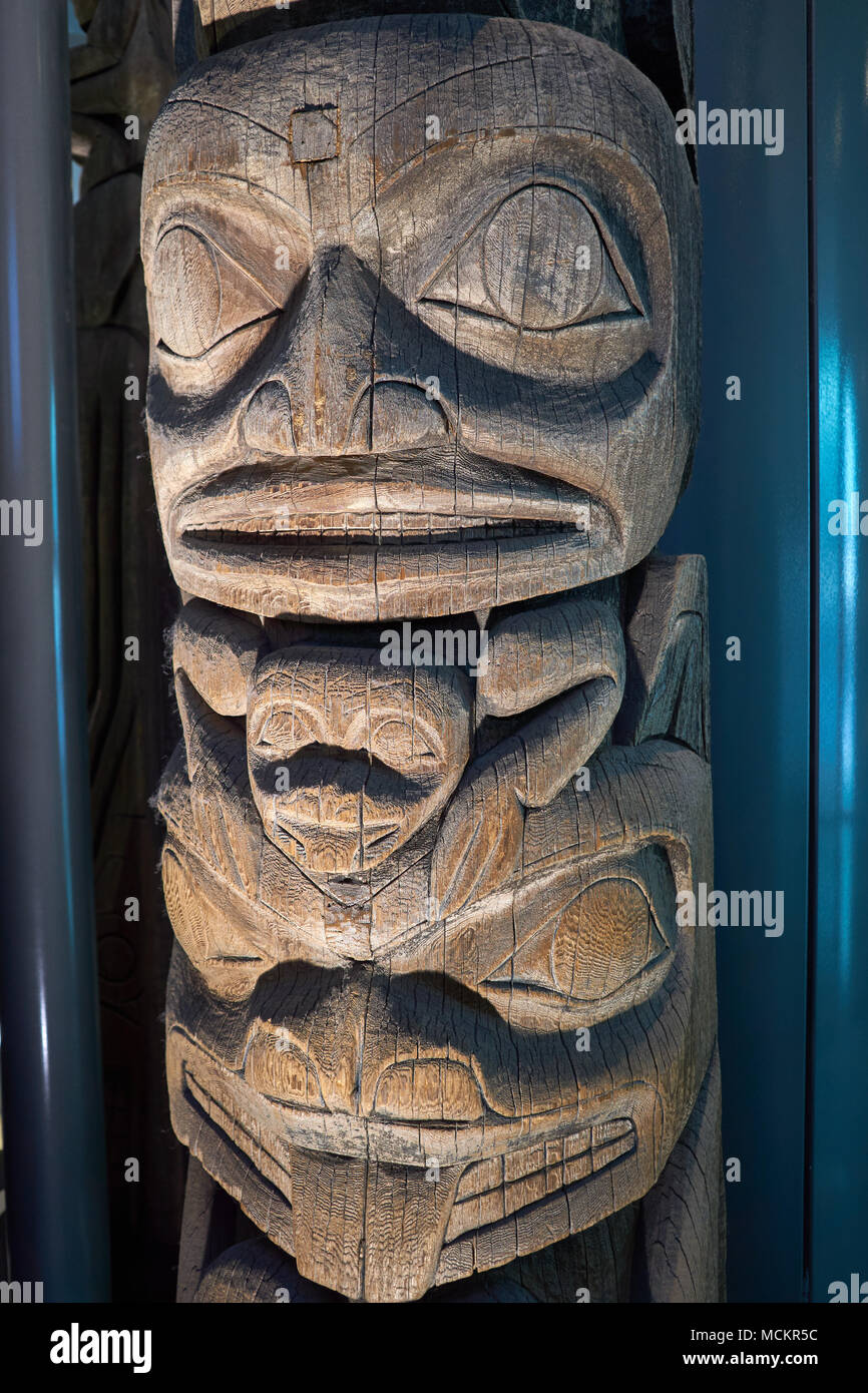 Closeup of an ancient carved indigenous first nations sculpture, made ...
