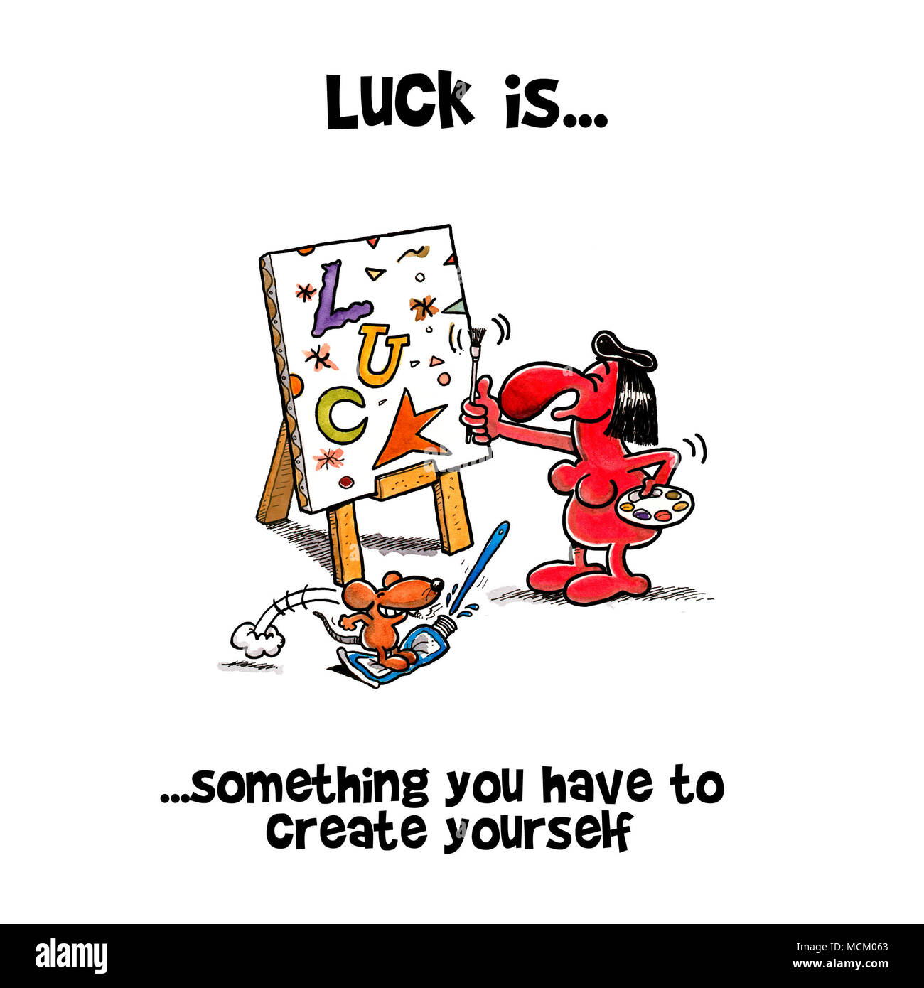 Female painter has written luck word on her canvas and measuring her ...