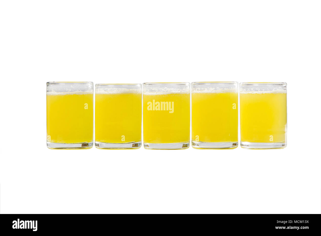 Single-color opaque cocktails, a set of shots in one row, five servings ...