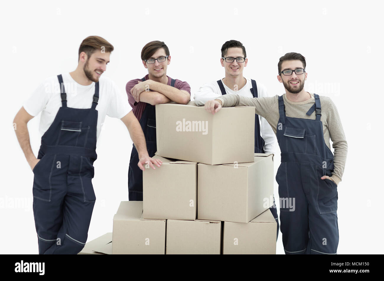 Men holding pile of carton boxes isolated on white background Stock ...