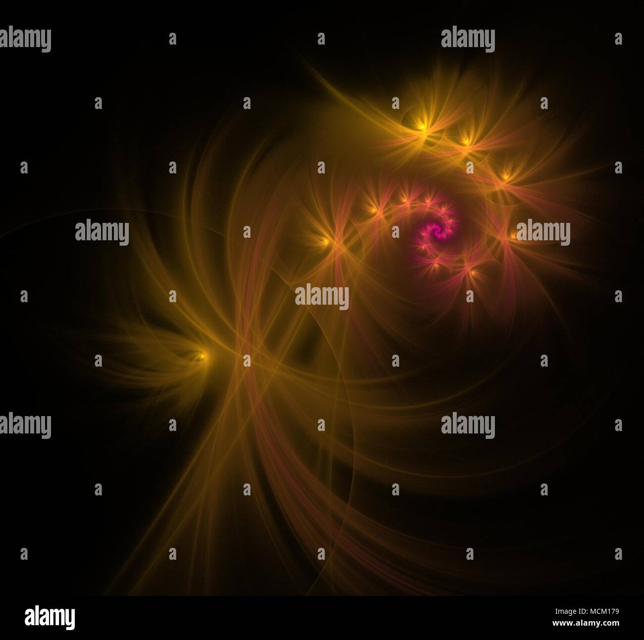 Yellow spiral fractal picture with lighting on the dark background ...