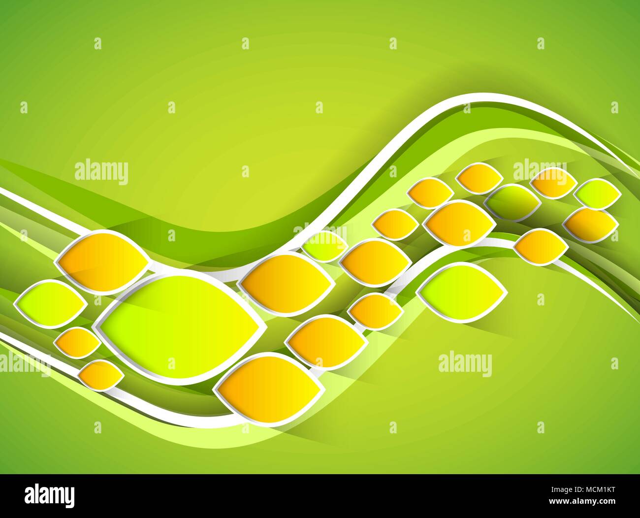 abstract green summer background with wave of orange and green leafs ...