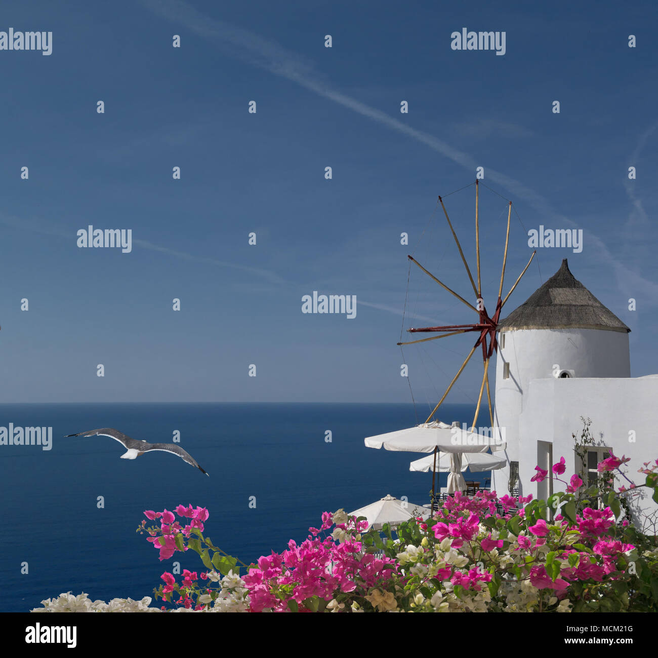 View of traditional windmill on the shore of the Mediterranean Sea ...