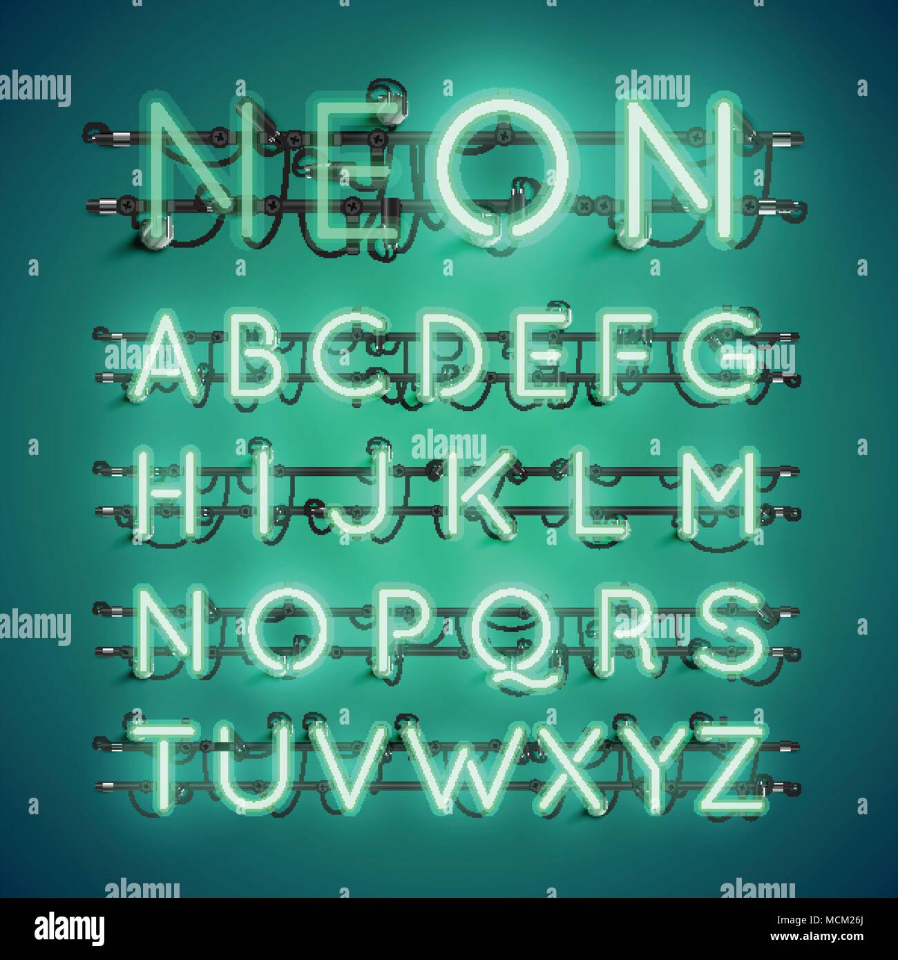 Realistic neon font with wires and console, vector illustration Stock ...