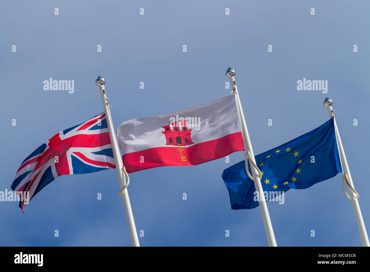 Three flags at the Spanish - Gibraltar frontier: the United Kingdom ...