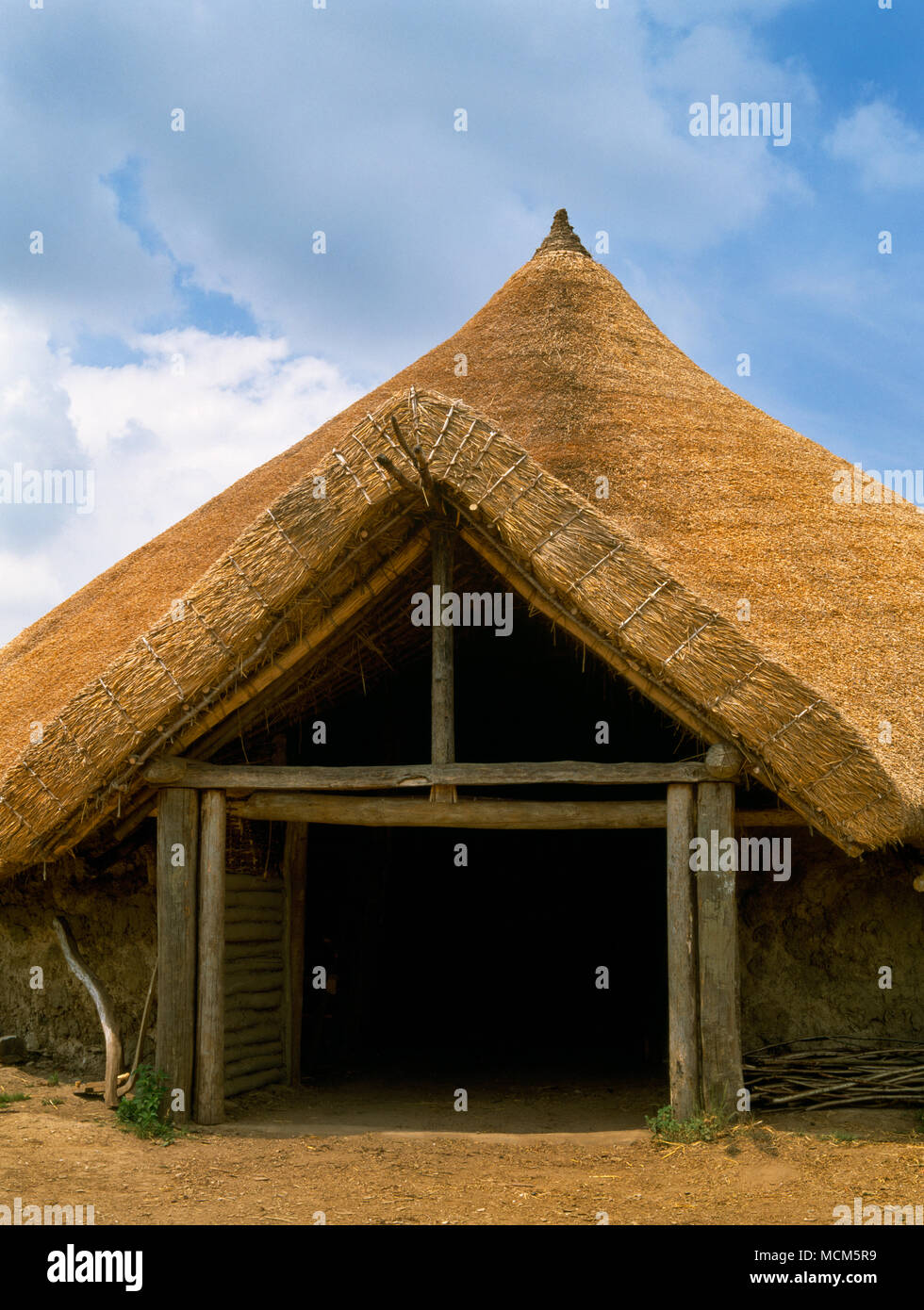 Detail of thatched porch & roof of the Great Roundhouse at Butser ...