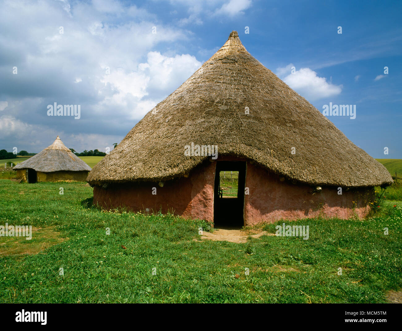 View looking E of the Moel y Gerddi house at Butser Ancient Farm ...