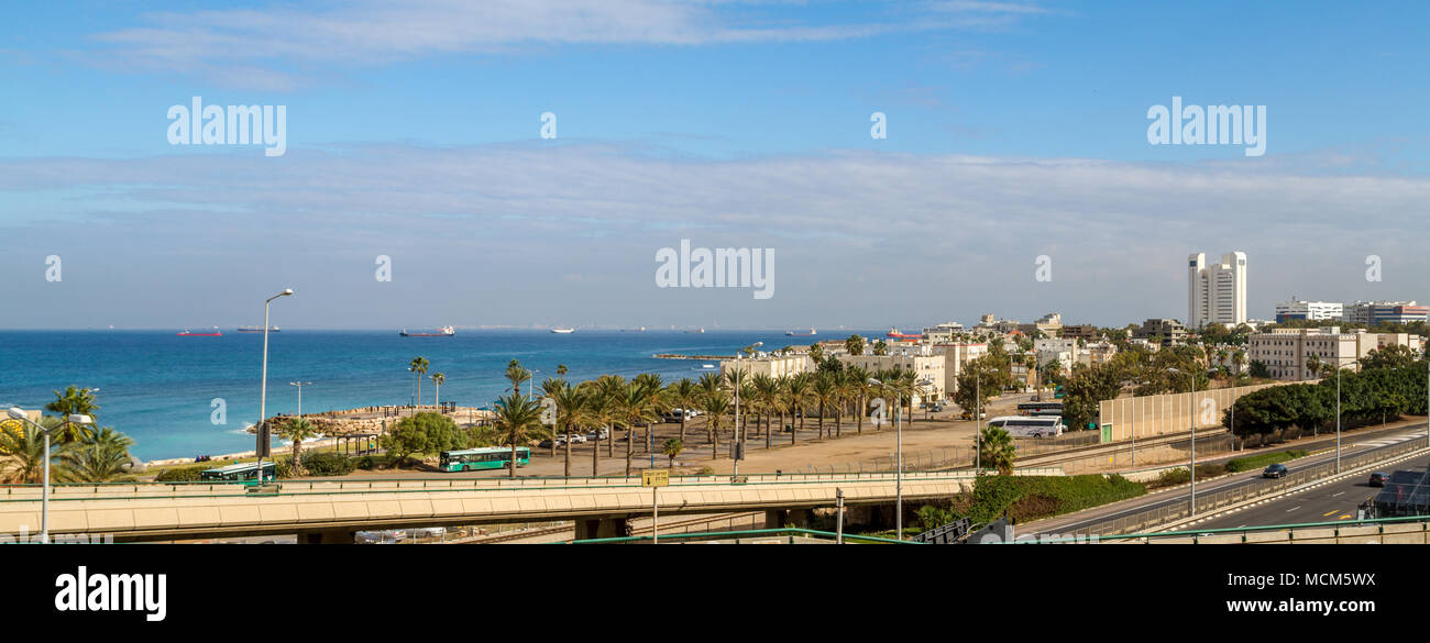 Panoramic view of the Mediterranean sea, Haifa Bay and Bat Galim ...