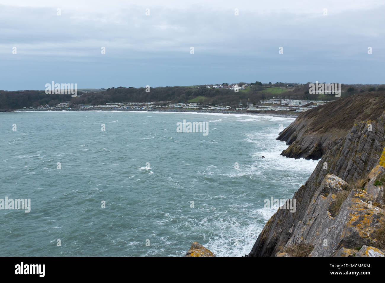 Rough sea at Lydstep Beach on the Pembrokeshire Coastal Path in Wales ...