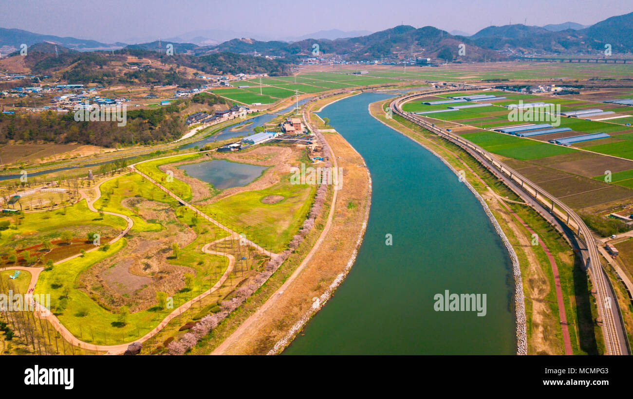 Aerial view of Suncheon city of South Korea. Aerial view from drone ...