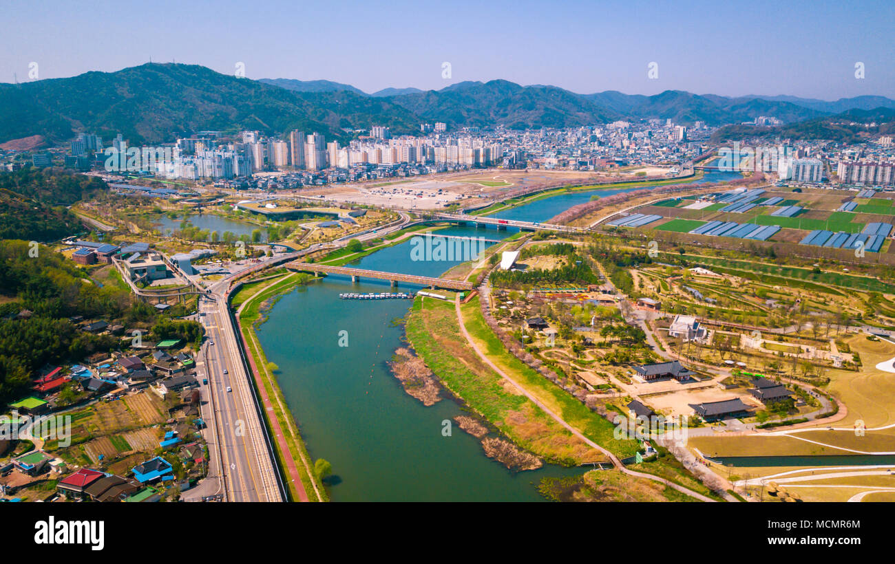 Aerial view of Suncheon city of South Korea. Aerial view from drone ...