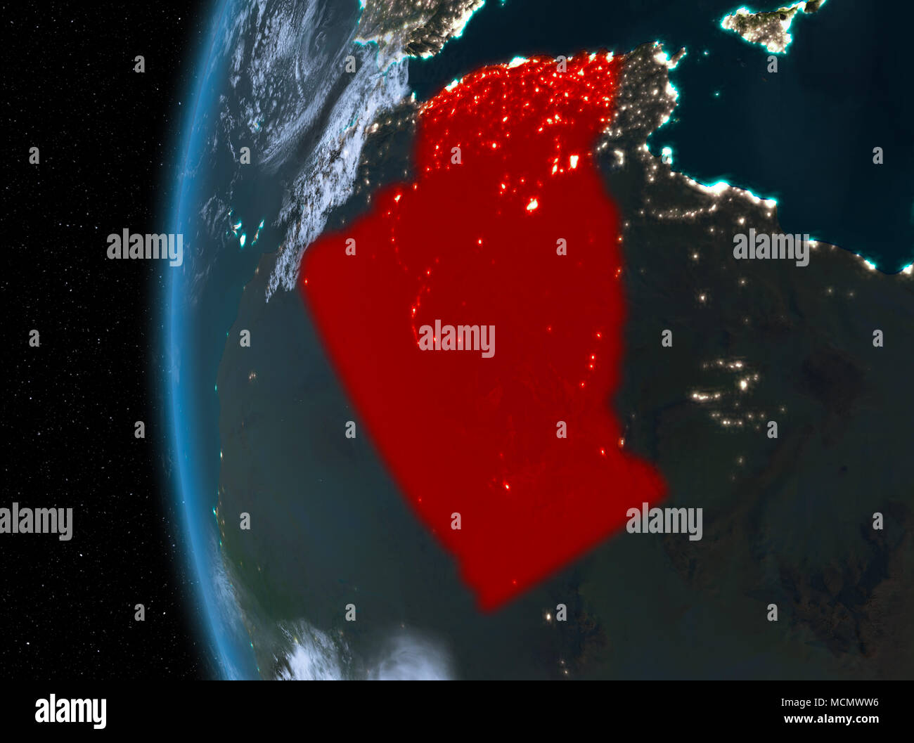 Night map of Algeria as seen from space on planet Earth. 3D ...