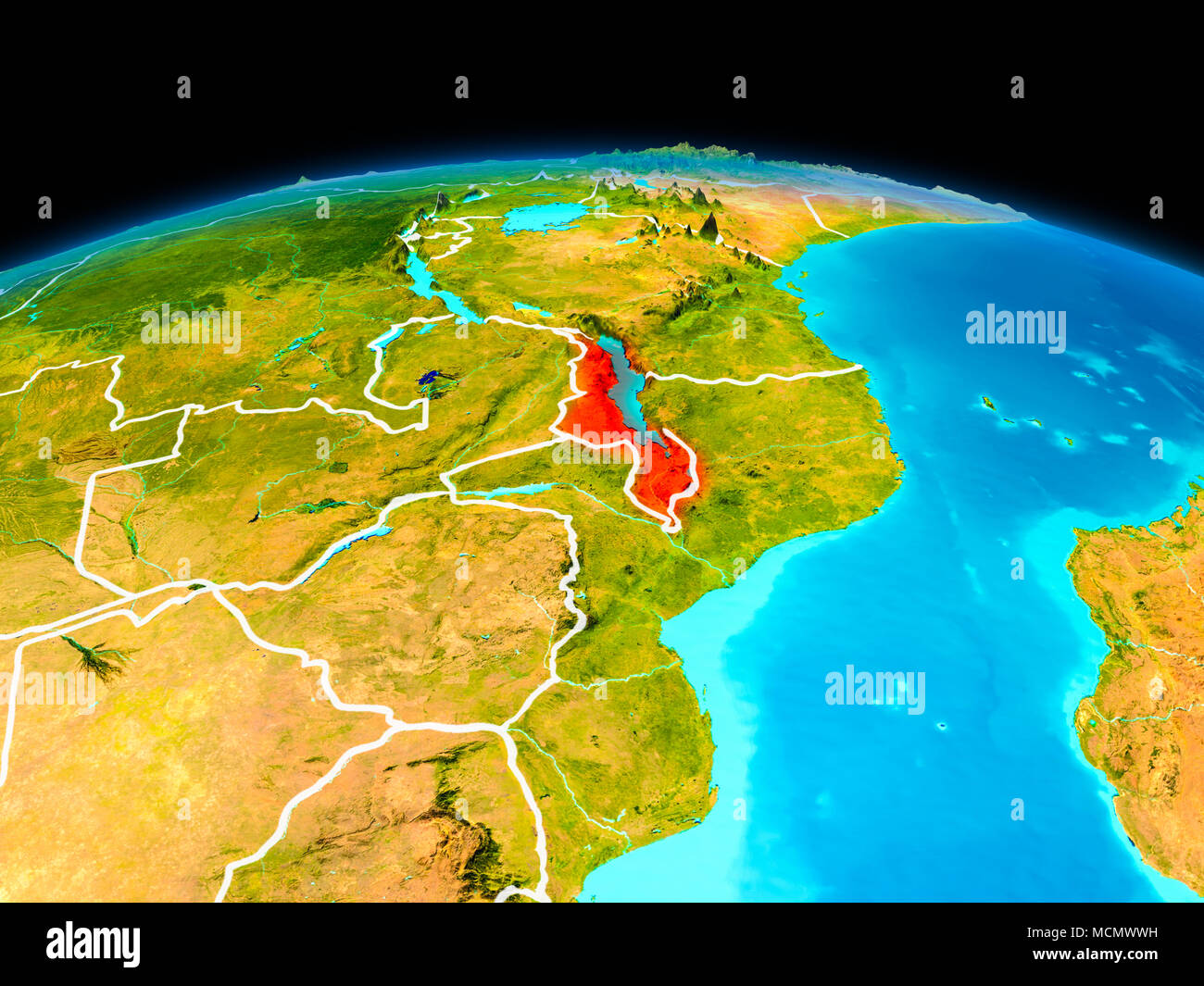 Satellite view of Malawi highlighted in red on planet Earth with borderlines. 3D illustration ...