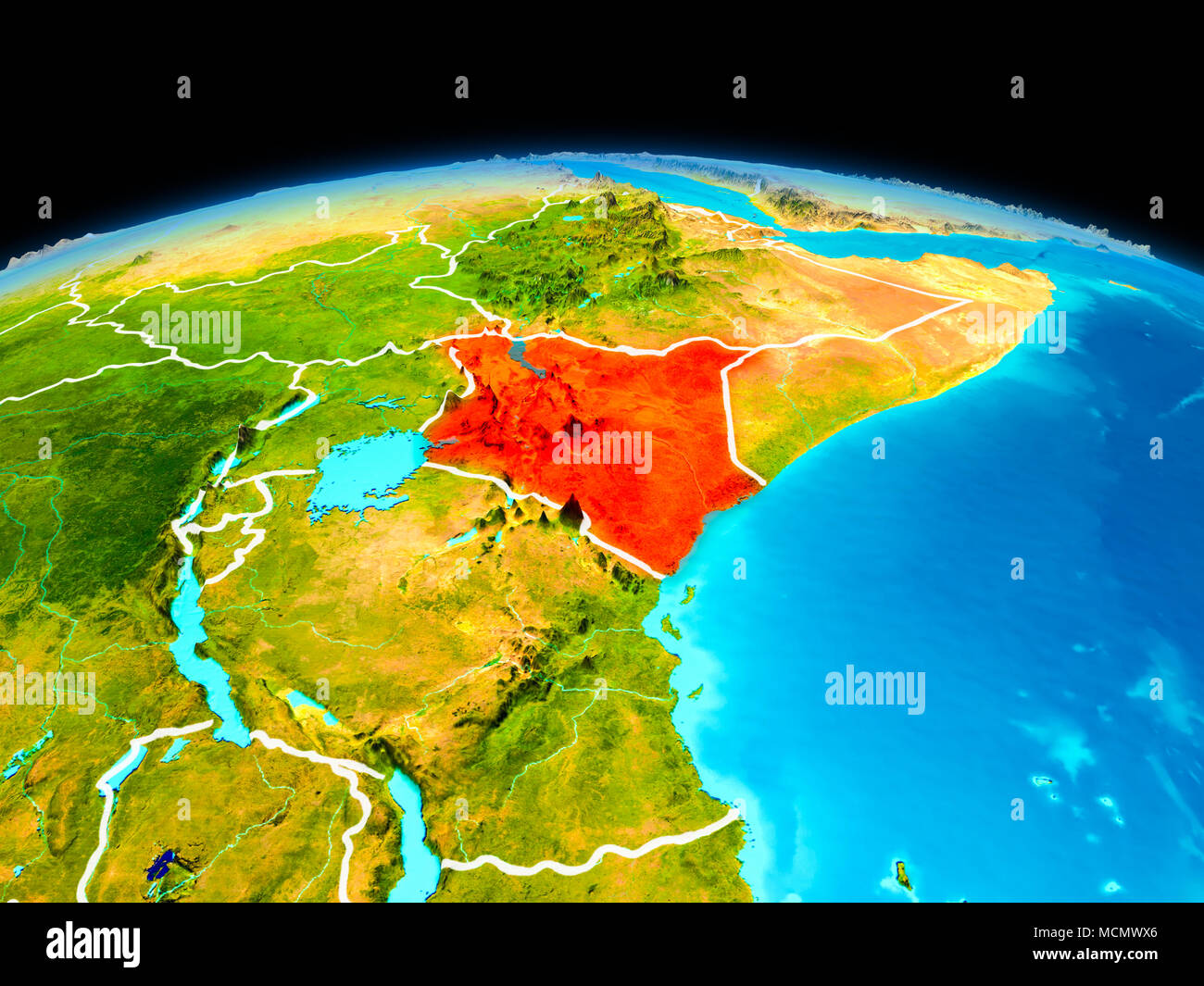 Satellite view of Kenya highlighted in red on planet Earth with borderlines. 3D illustration ...