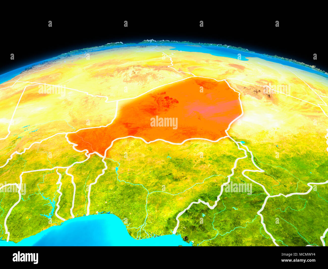 Satellite view of Niger highlighted in red on planet Earth with ...