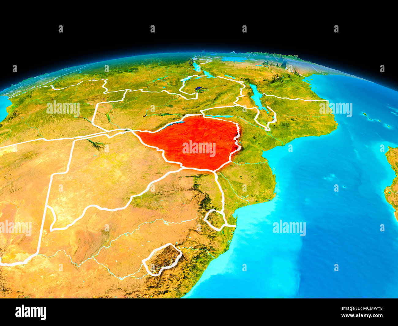 Satellite view of Zimbabwe highlighted in red on planet Earth with borderlines. 3D illustration ...