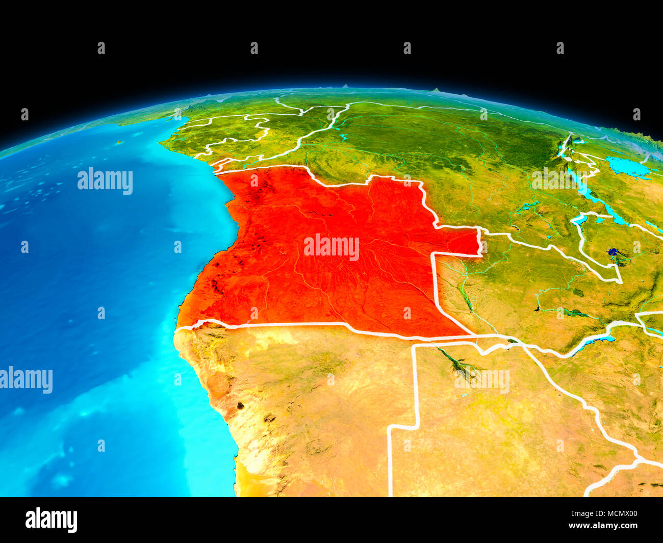 Satellite view of Angola highlighted in red on planet Earth with borderlines. 3D illustration ...