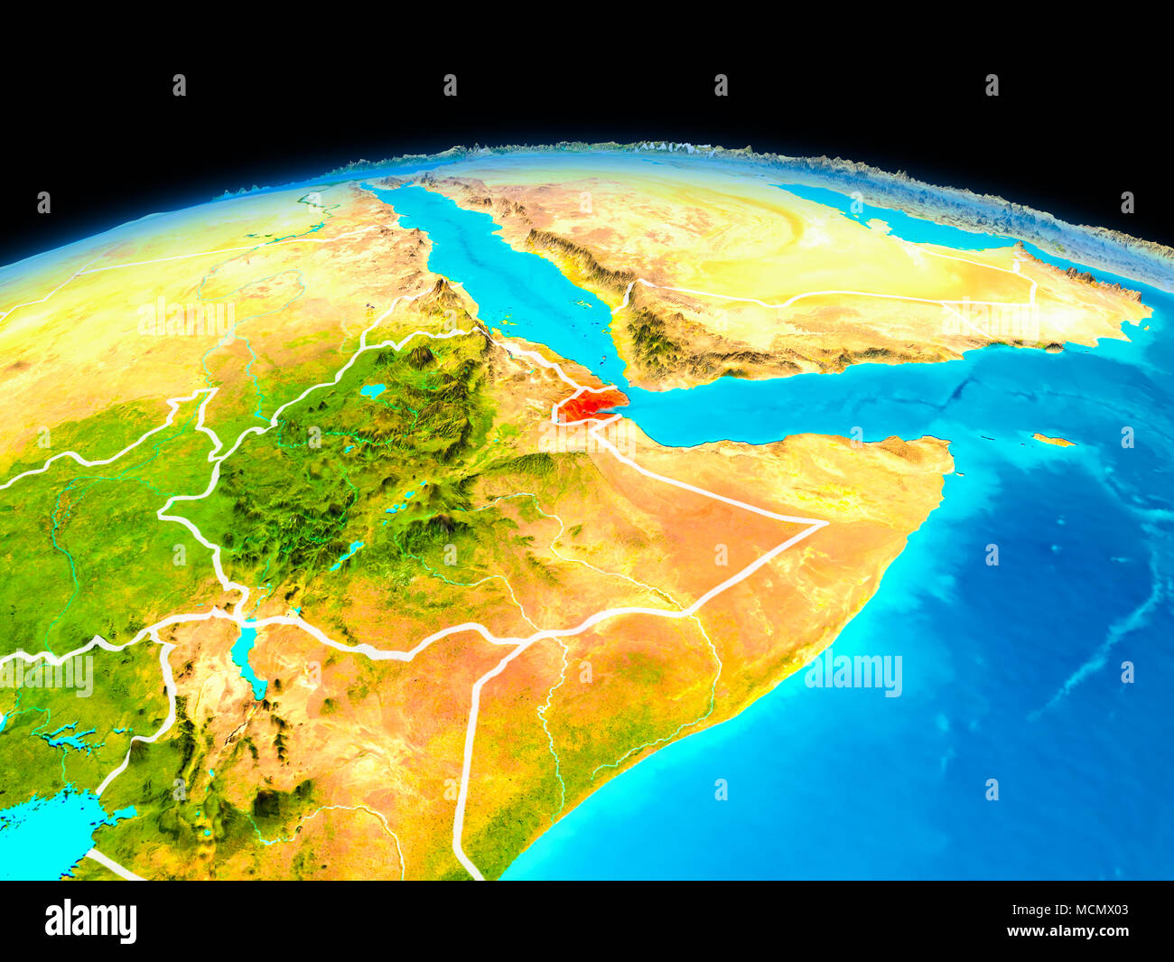 Satellite view of Djibouti highlighted in red on planet Earth with borderlines. 3D illustration ...