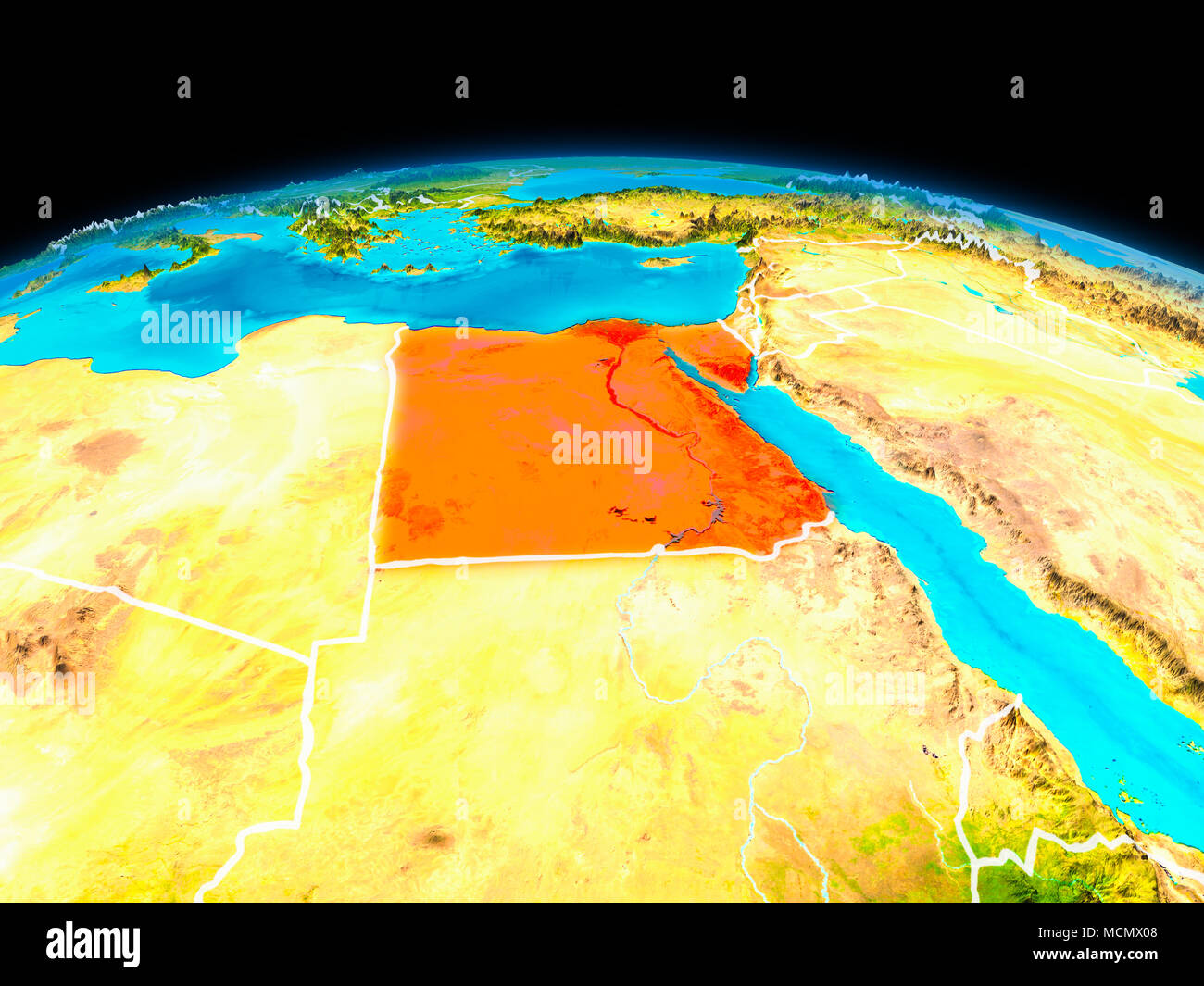 Satellite view of Egypt highlighted in red on planet Earth with borderlines. 3D illustration ...