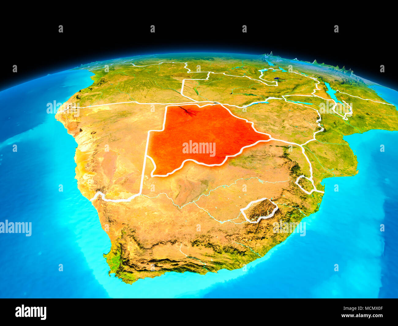 Satellite view of Botswana highlighted in red on planet Earth with borderlines. 3D illustration ...
